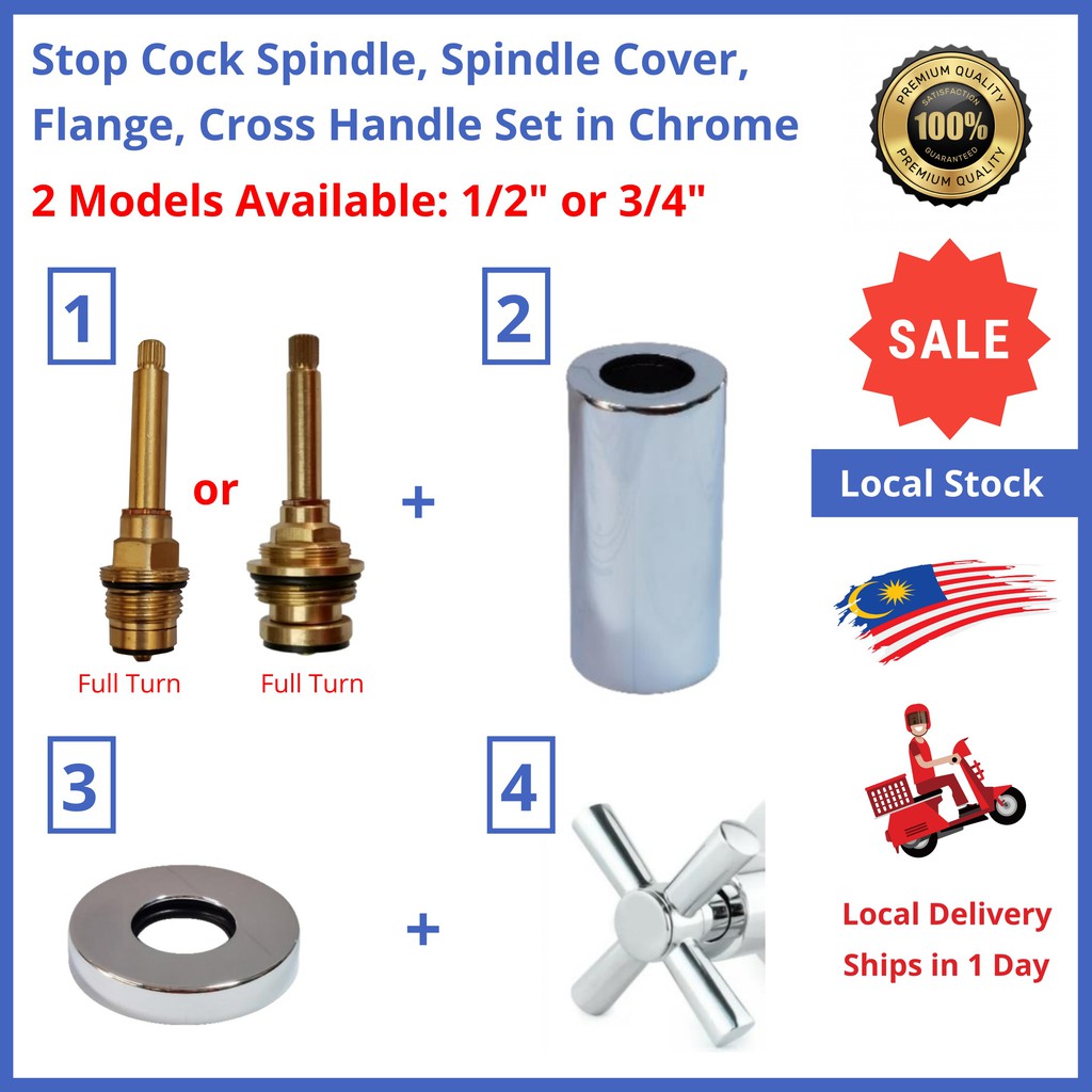 1/2" or 3/4" STOP COCK SPINDLE BRASS + SPINDLE COVER CHROME + FLANGE ...