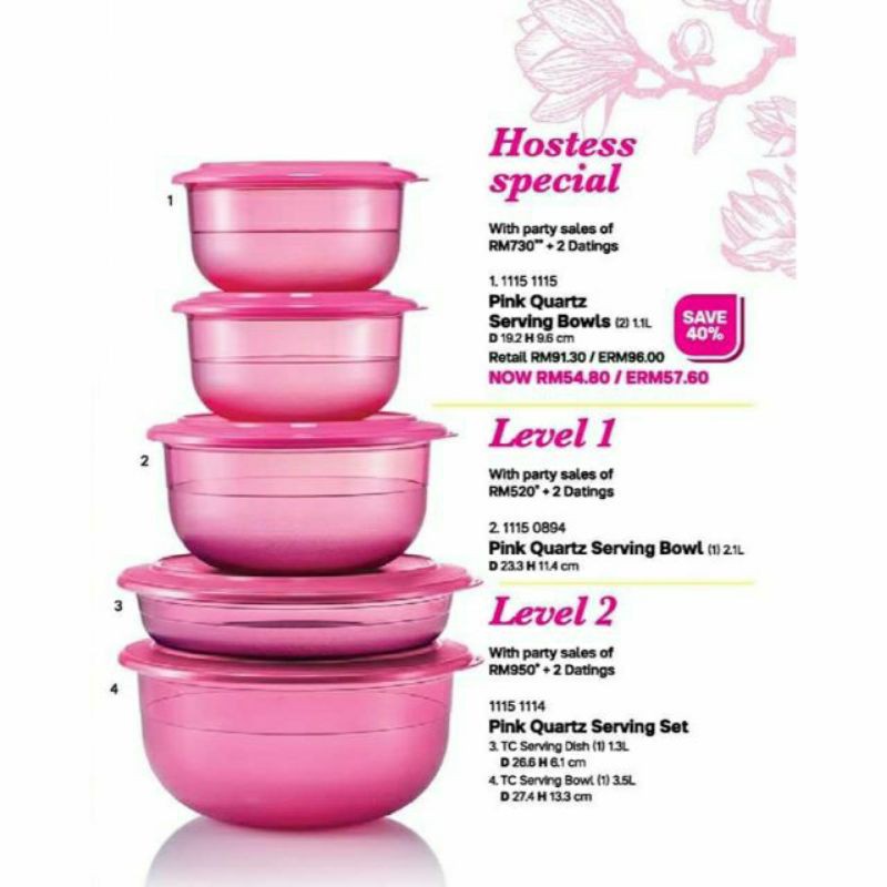 Tupperware (Full Set 5pcs) Pink Quartz Serving Bowl Set level 1 2 ...