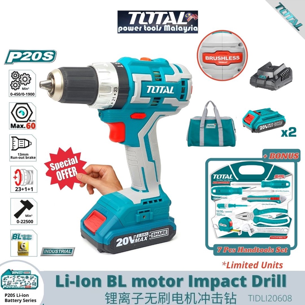 TOTAL BL Motor Li-ion Impact Drill 2 pcs Batteries & Charger + FREE ...