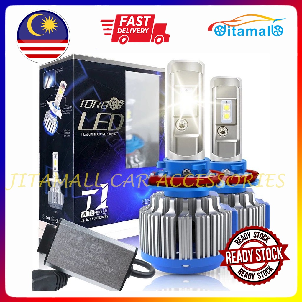 READY STOCK 【2PCS】 T1 Turbo LED 70W 7200LM 6000K H4 H1 H3 Car Headlight ...