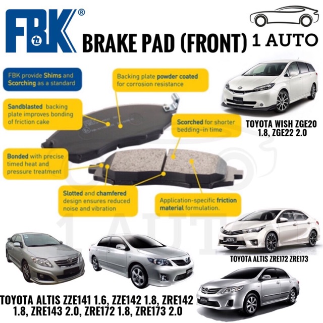 FBK FRONT DEPAN BRAKE PAD for TOYOTA ALTIS (2008-2018), WISH ZGE20 1.8 ...