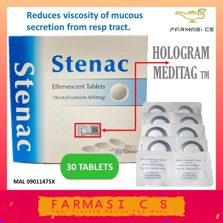 Stenac Effervescent Tablets Acetylcysteine 600mg 30 tablets EXP:08/2027 ...
