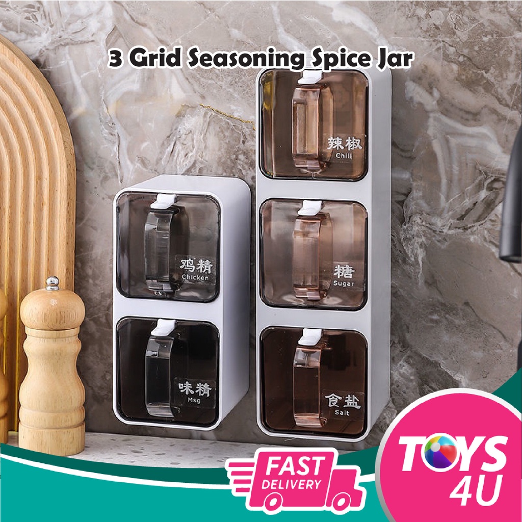 Wall Mounted 3 Grid Seasoning Spice Jar with Spoon Set Bekas Rempah ...