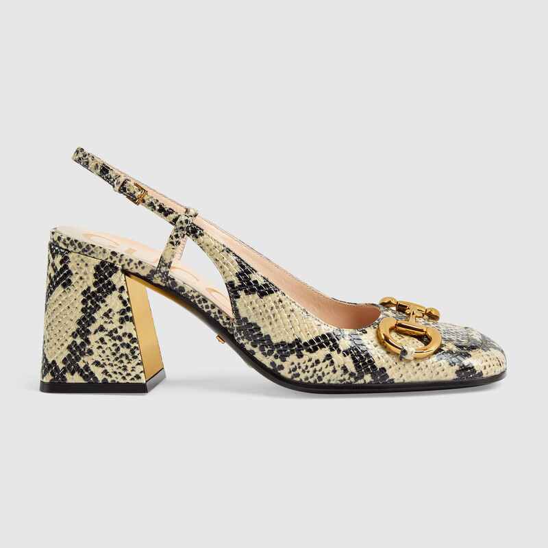 Gucci women's python print leather mid-heel slingback with Horsebit ...
