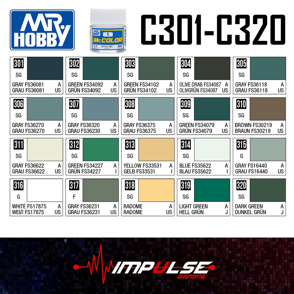 Mr Hobby C301 - C320 Mr Color Gray Green Brown Yellow Blue White Radome ...