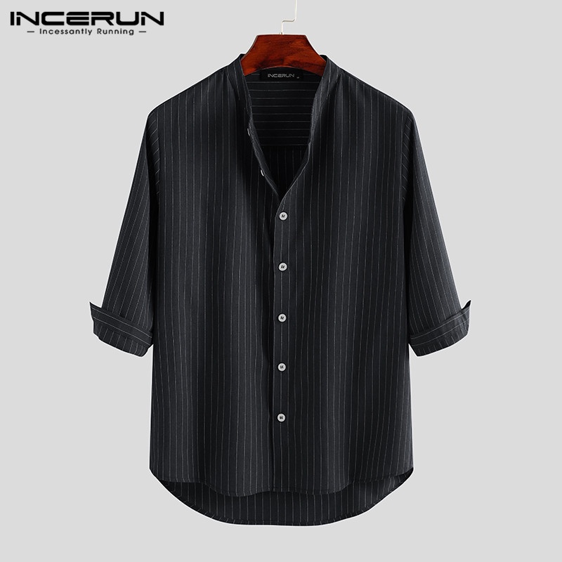 INCERUN Mens Stylish Striped 3/4 Sleeve Casual Button Down Loose Shirts ...