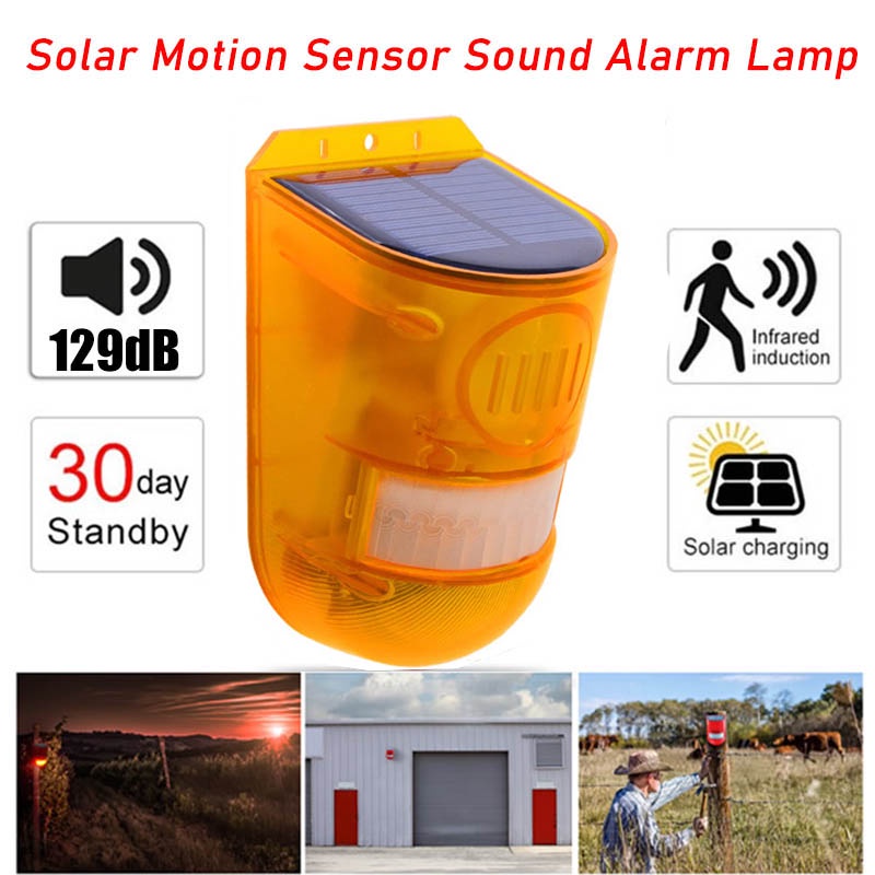 129 dB Solar Sound Alert Flash Warning Sound & Light Alarm Motion Sensor Siren Strobe Security ...