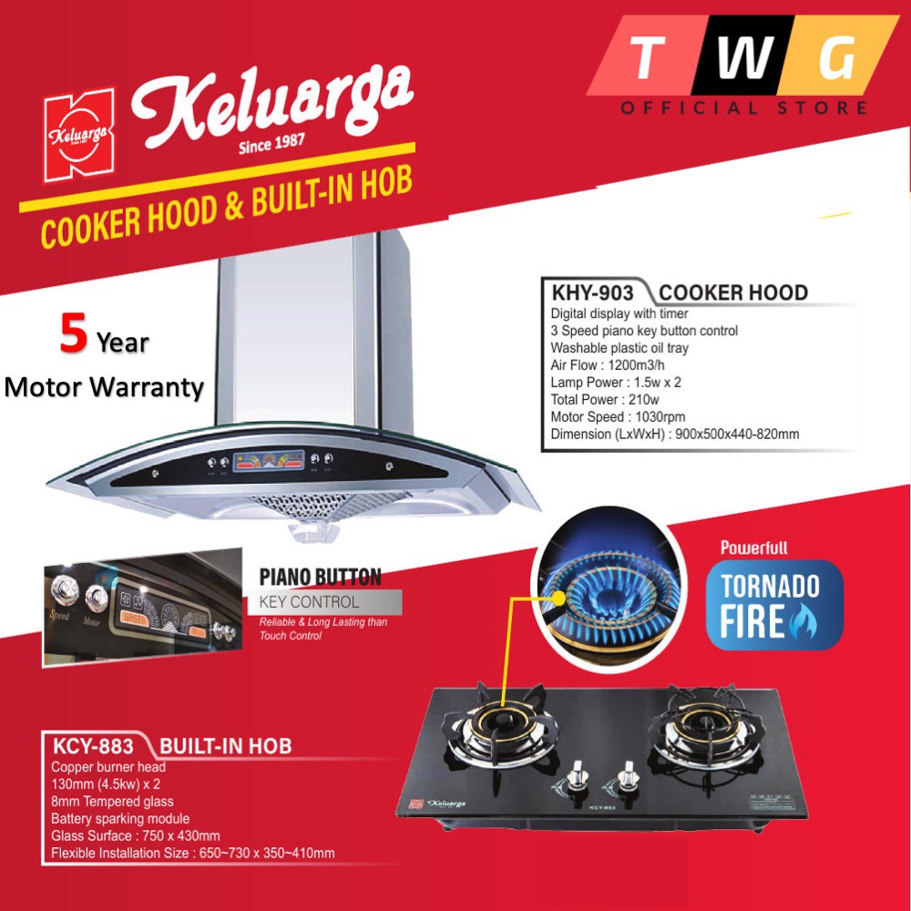 (Package) KELUARGA KHY-903 Digital Display 1200m³/hr Cooker Hood + KELUARGA KCY-883 4.5KW ...