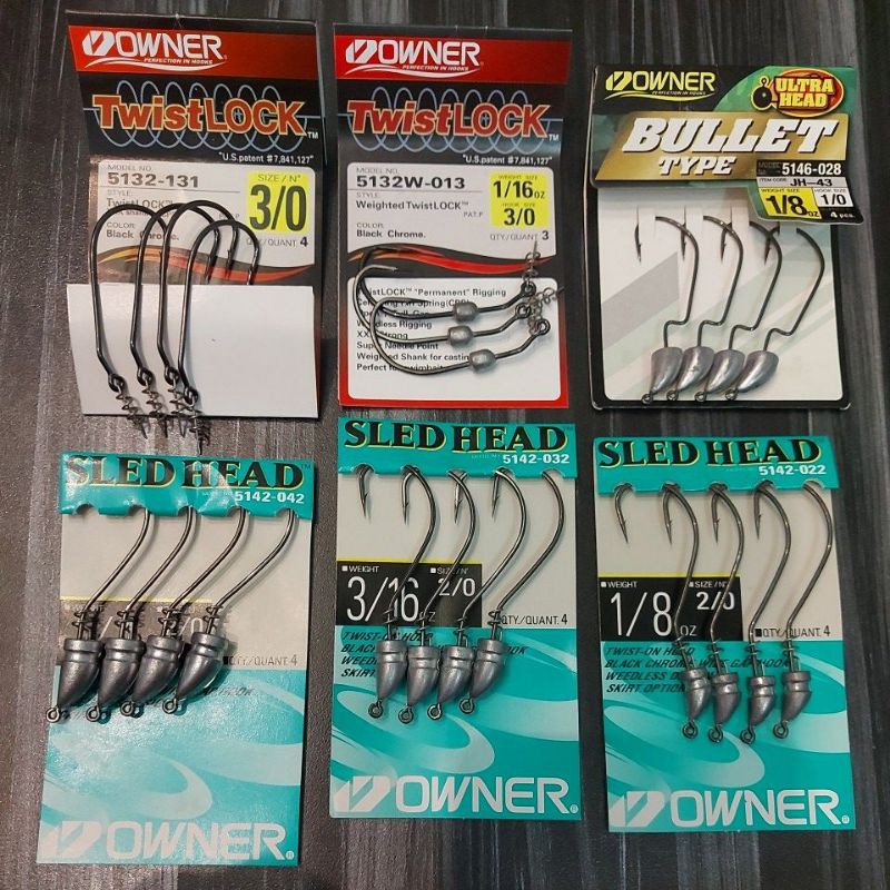 OWNER WORM HOOKS SLED HEAD 2/0 ,TWIST LOCK 3/0 , BULLET TYPE 1/0 ...