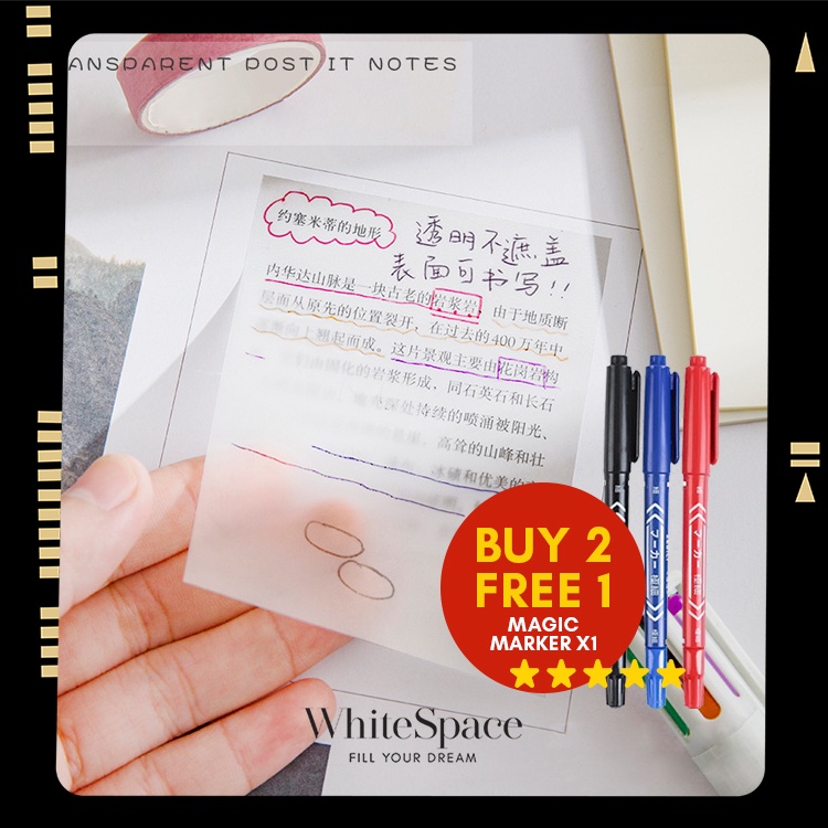 WHITESPACE 50pcs Transparent Sticky Notes Waterproof Stickys Note Clear ...