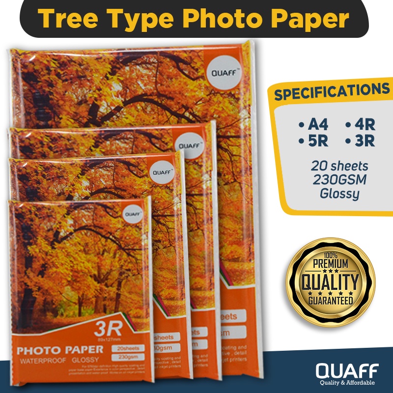 QUAFF Photo Paper Tree Type 230GSM 3R, 4R, 5R , A4 (20 sheets per pack ...