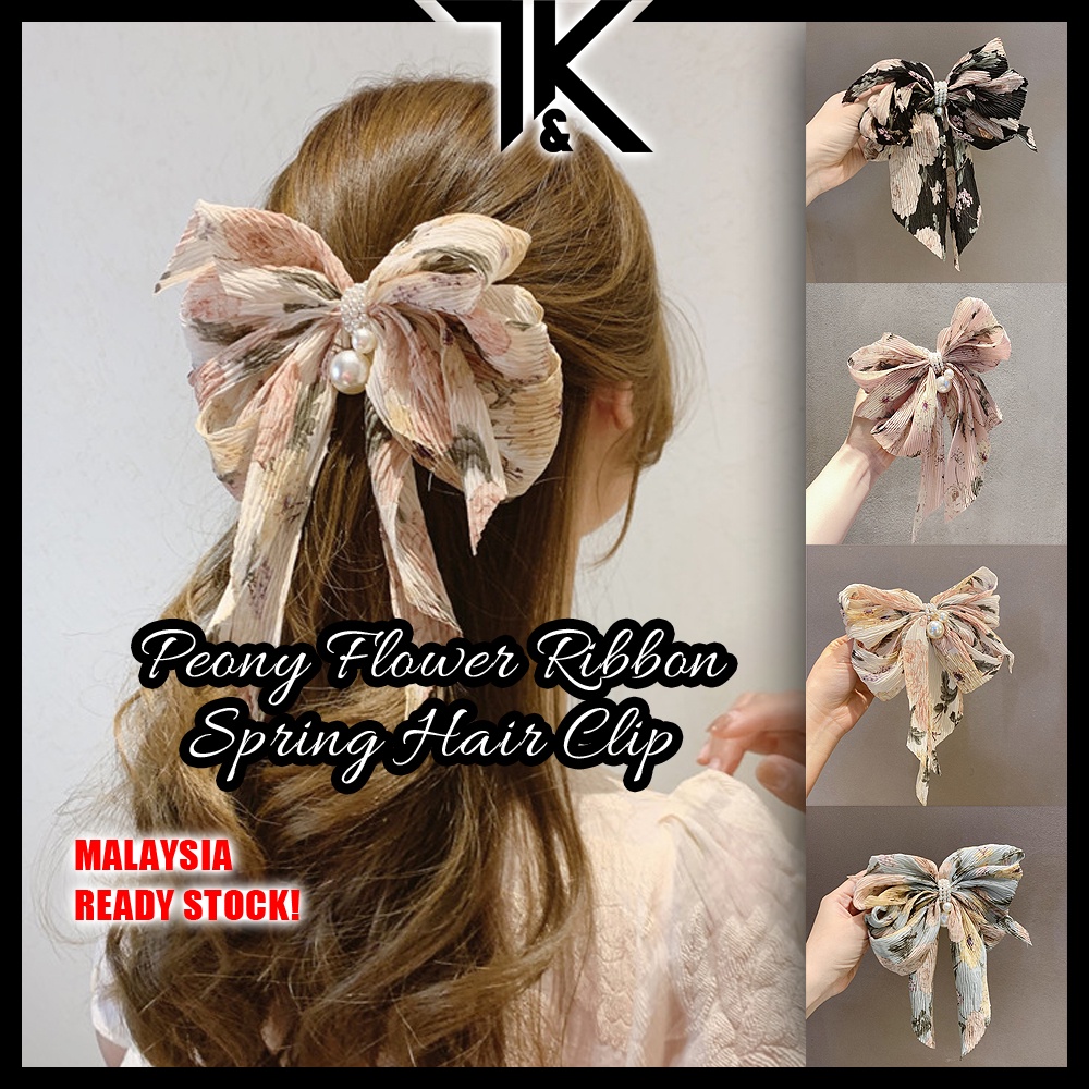 [LOCAL] Korean Style Peony Flower Ribbon Spring Hair Clip with Pearl/ Klip Rambut Riben Bunga ...