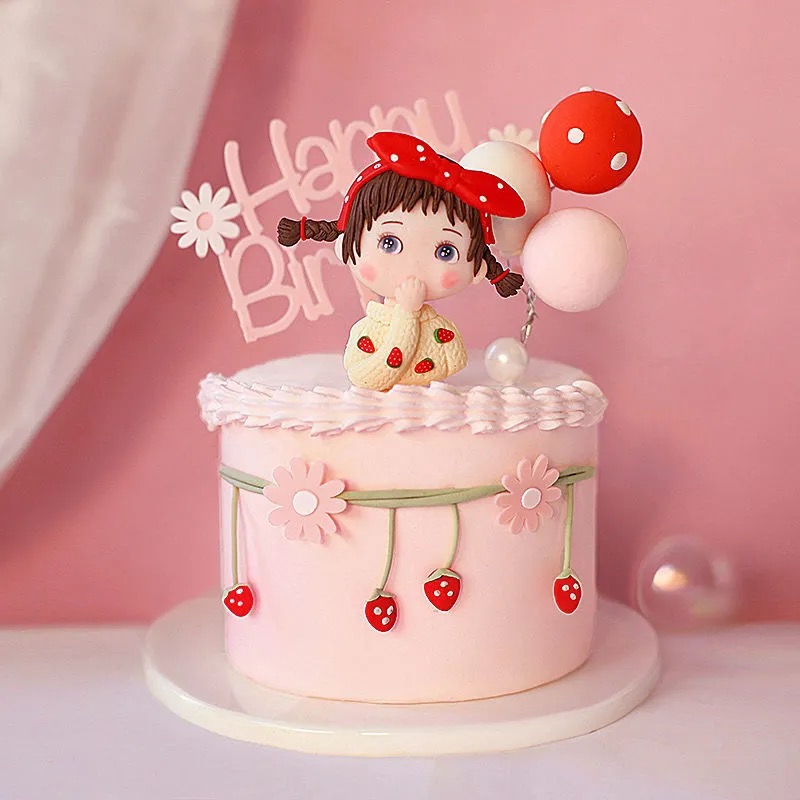 Cake Decoration Vinyl Cute Strawberry Girl Birthday Cake Topper Party Supplies Dessert Cupcake