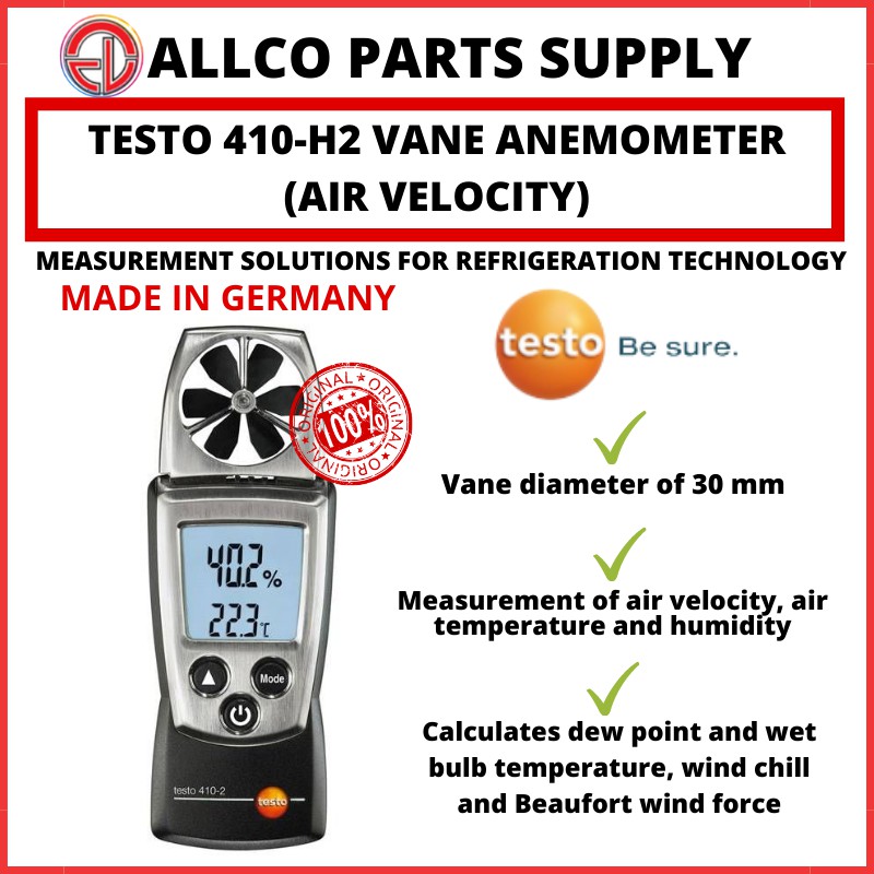 TESTO 410-2 VANE ANEMOMETER WITH HUMIDITY SENSOR (MEASURE AIR VELOCITY ...