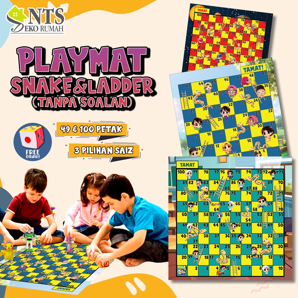 [100 KOTAK] PLAYMAT : SNAKE AND LADDER 2x2ft, 5x5ft FREE DADU / DAM ...