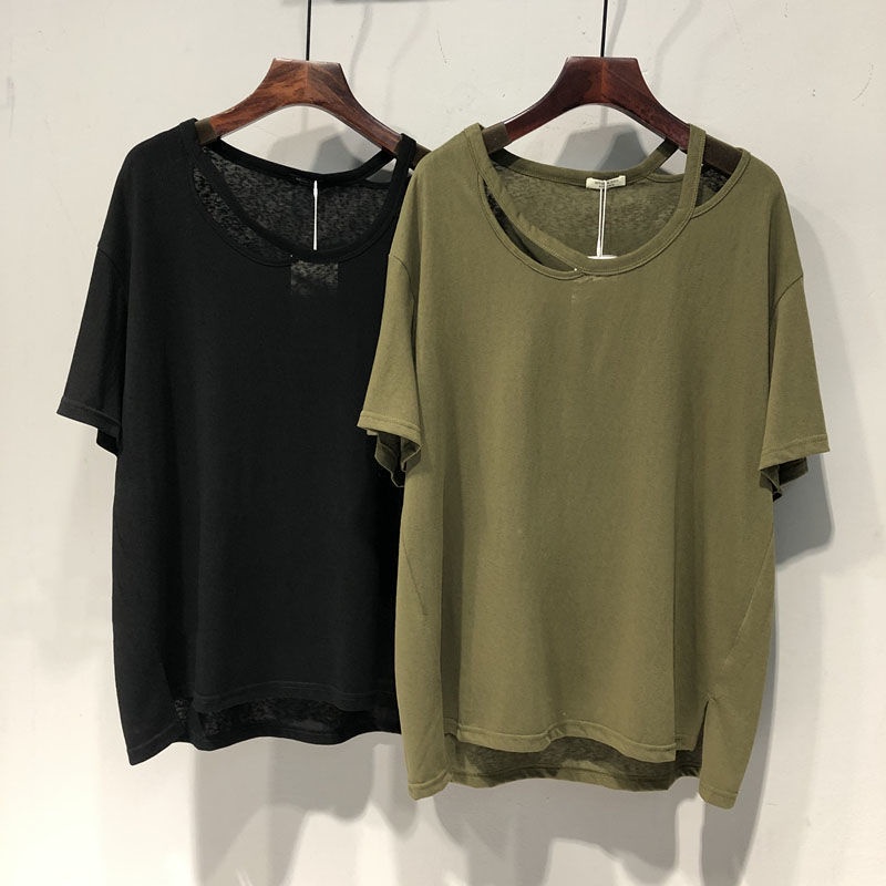 【M-5XL 40-150KG】胖mm设计感小众开叉宽松镂空短袖T恤女夏季不规则开叉大码上衣潮 plus size extra large size oversize fat big size ...