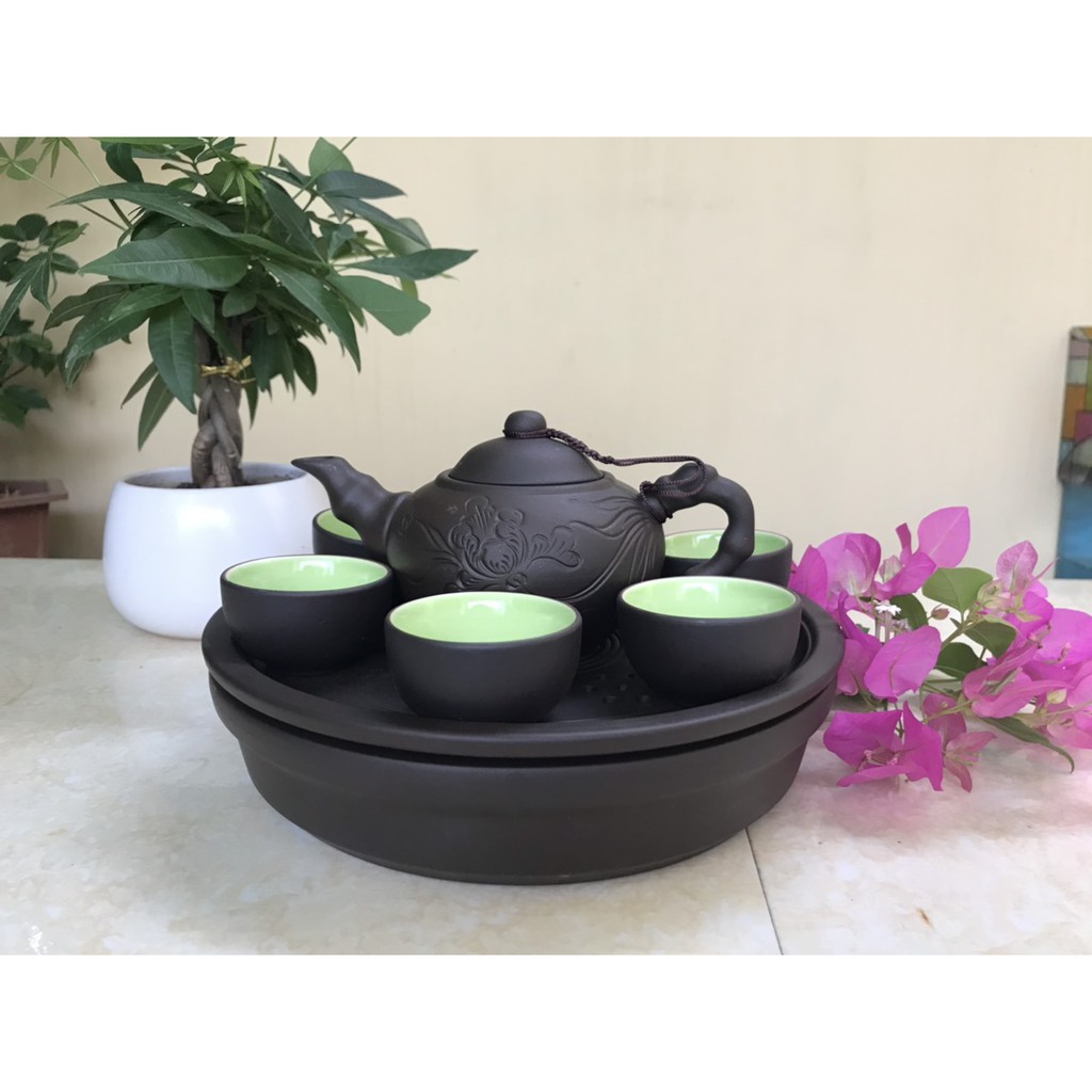 Tu Sa - Bat Trang tea set engraved with black Phu Dung flowers 250ml ...