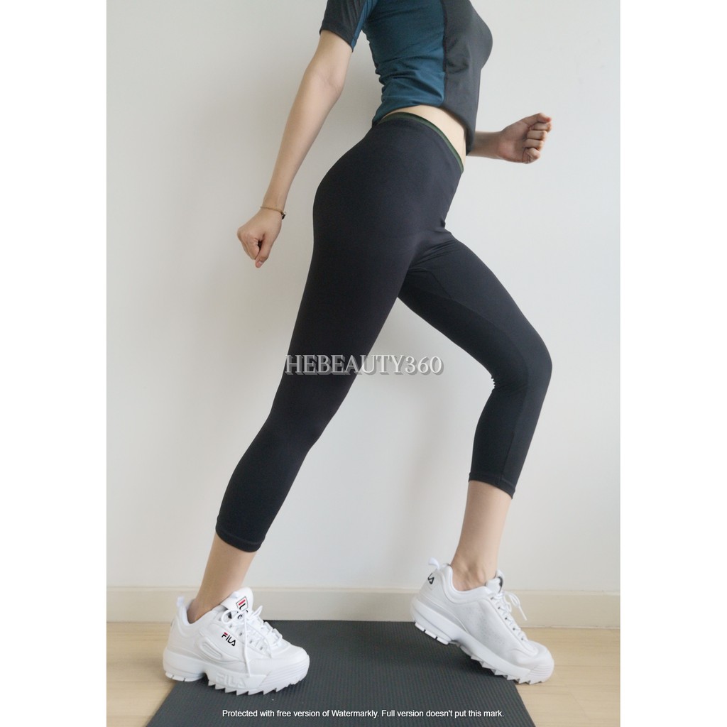 Pure Black with Green Waistline Band Capri Pants by Crivit (UK) (READY ...