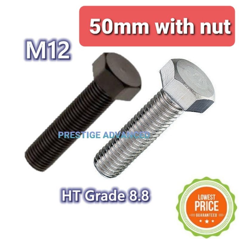 Full Threaded 4.6 Hex Bolt - M12 x 50mm with nut (Coarse Thread Pitch 1 ...