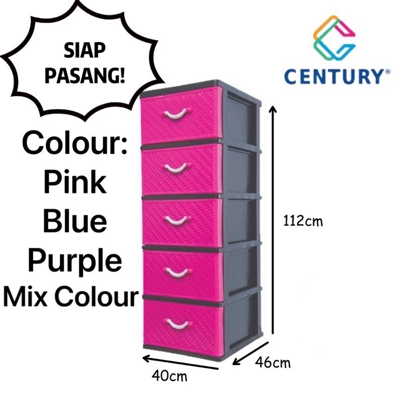 👉SIAP PASANG👈CENTURY 5 Tier Plastic Drawer 1450 / Cloth Cabinet ... 👉SIAP PASANG👈CENTURY 5 Tier Plastic Drawer 1450 / Cloth Cabinet ...