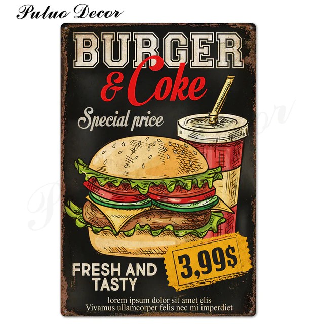 Hamburger Metal Sign Plaque Metal Vintage Fast Food Tin Sign Wall Decor ...