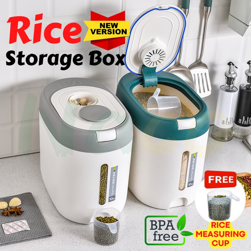 NEW VERSION Rice Box 5kg / 10kg Airtight Rice Grain Bucket Storage With ...