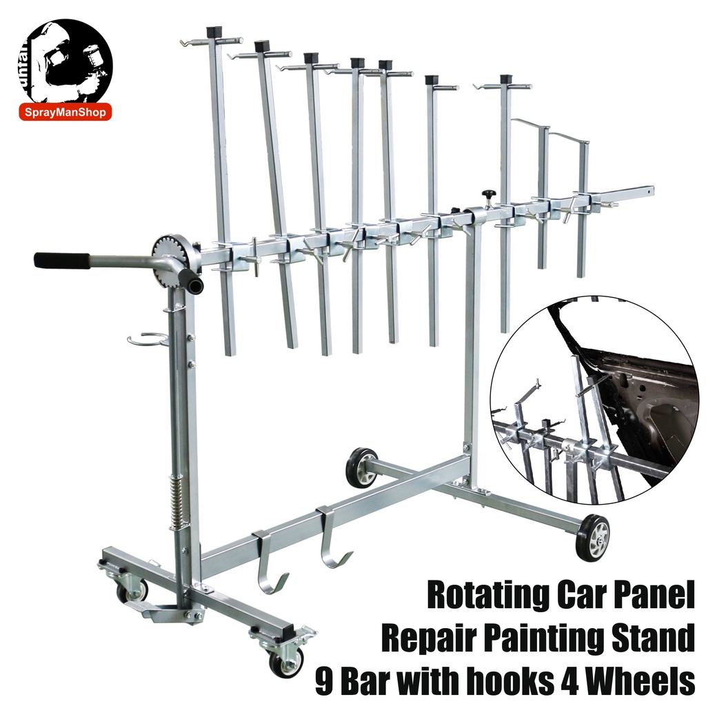 Rotating Car Panel Repair Painting Stand 4 Wheels 9 Bars With Hooks ...