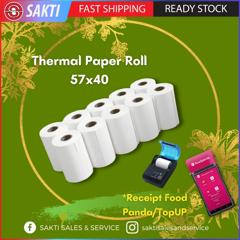 57x40mm 10 Roll Thermal Receipt Paper Roll Coreless Kertas Resit Mesin ...