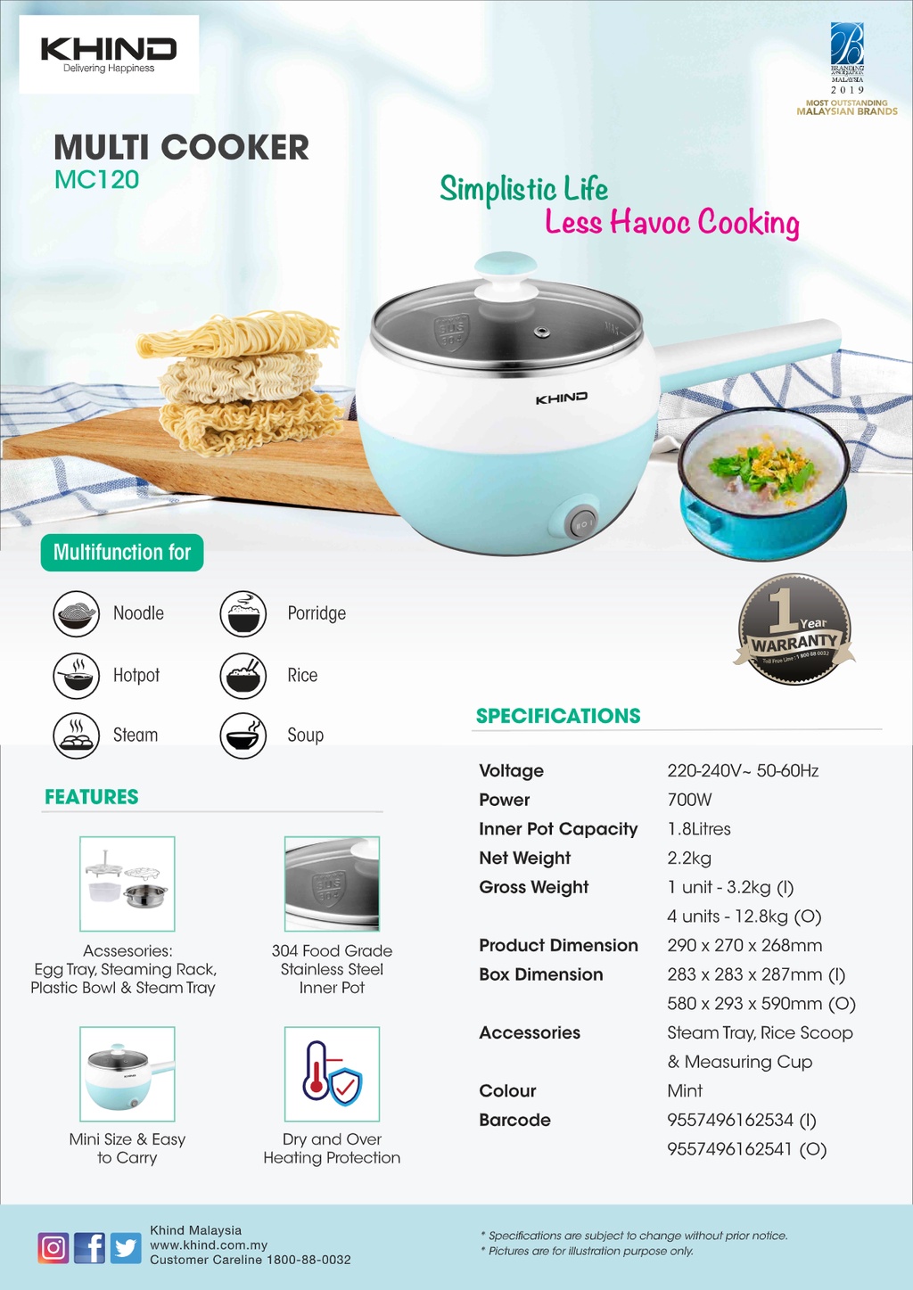 Khind MC120 Multi Cooker Stainless Steel Steamer Hotpot Steam Porridge ...