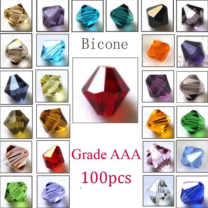 100Pcs 4mm Bicone Faceted Crystal Glass Loose Spacer Beads Cone Crystal ...