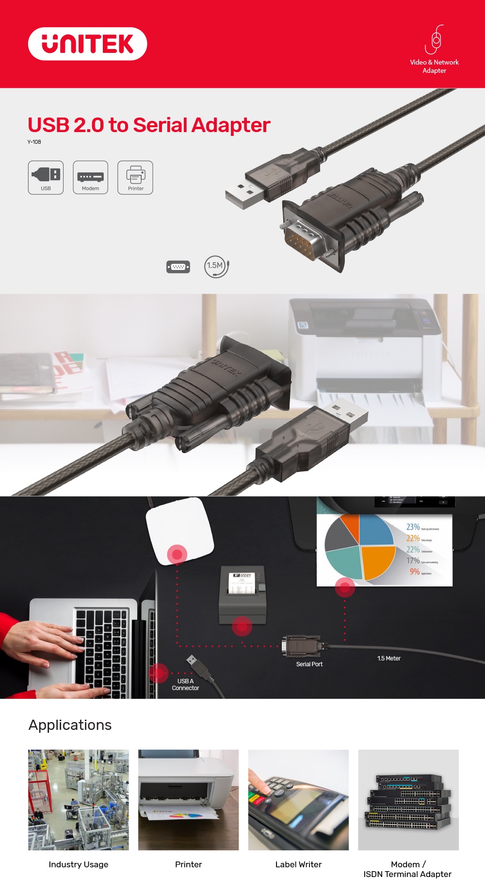 Unitek USB 2.0 To Serial RS232 DB9 Converter Cable For Serial Devices - Printer/Label Writer ...