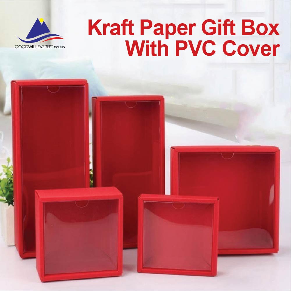 (10pcs) Red Kraft Paper Gift Box Clear PVC Cover Display Gift Packaging ...
