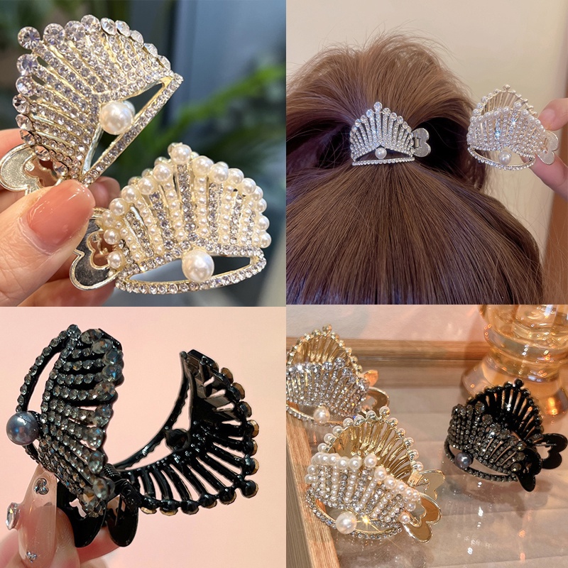 Rhinestone Crown Hairpin Tied High Ponytail Small Size Hair Clip Pearl ...
