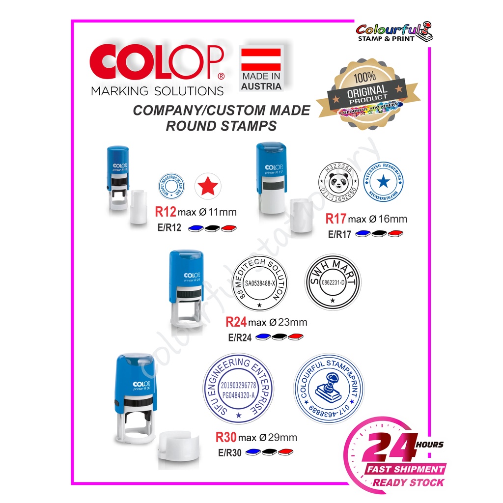 COLOP New Round Self-Inking Rubber Stamp R12,R17,R24,R30. 100% Original.(Hospital, Office ...
