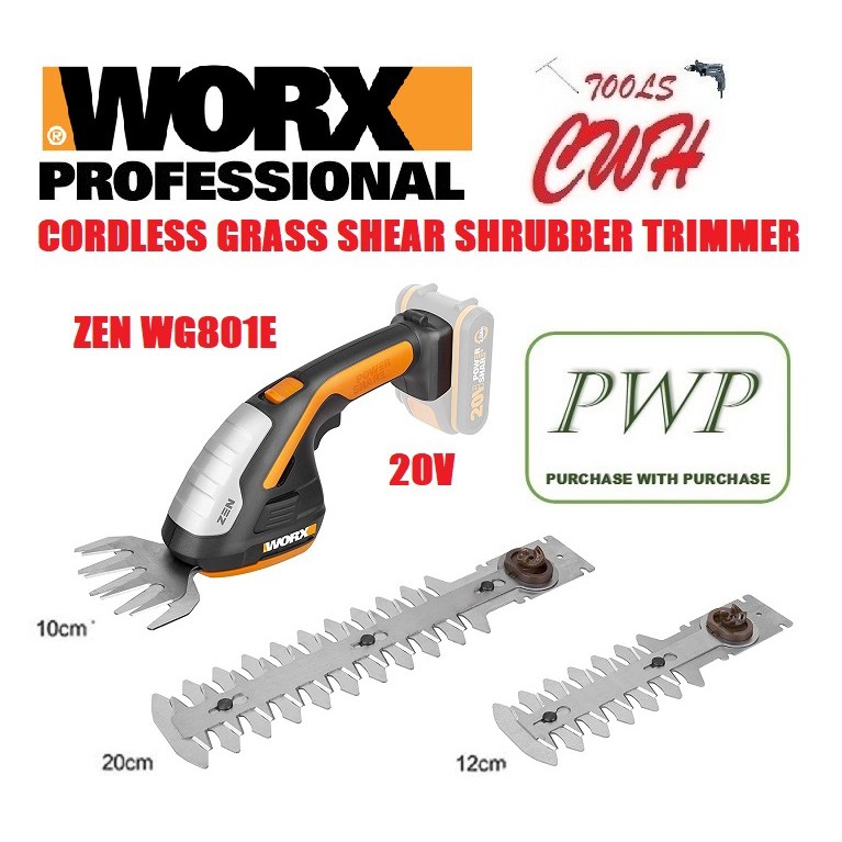 20V ZEN WG801E WORX CORDLESS GRASS SHEAR SHRUBBER TRIMMER TRIMMING ...