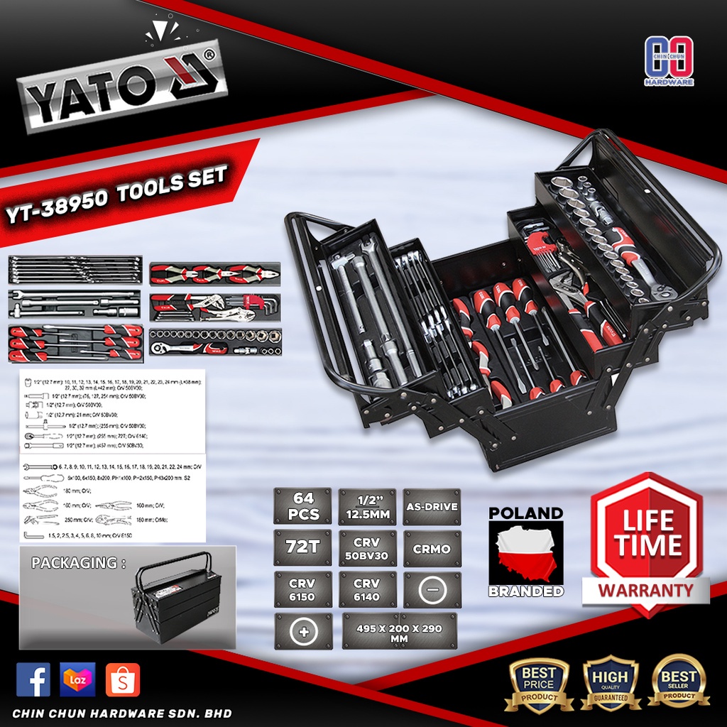 Yato YT-38950 Cantilever Tool Box with 62pcs Tools Kit|Tools Box|Tool ...