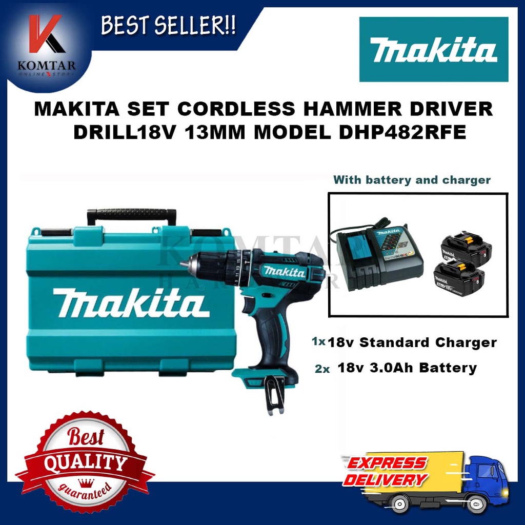 MAKITA Cordless Hammer Drill Driver 18V 13MM MODEL DHP482RFE ( SET ...