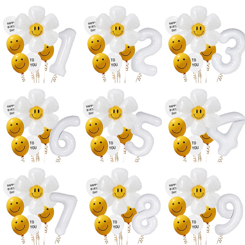 Ready Stock INS Flower Daisy Smiley Face Balloon Set Number 0-9 White ...
