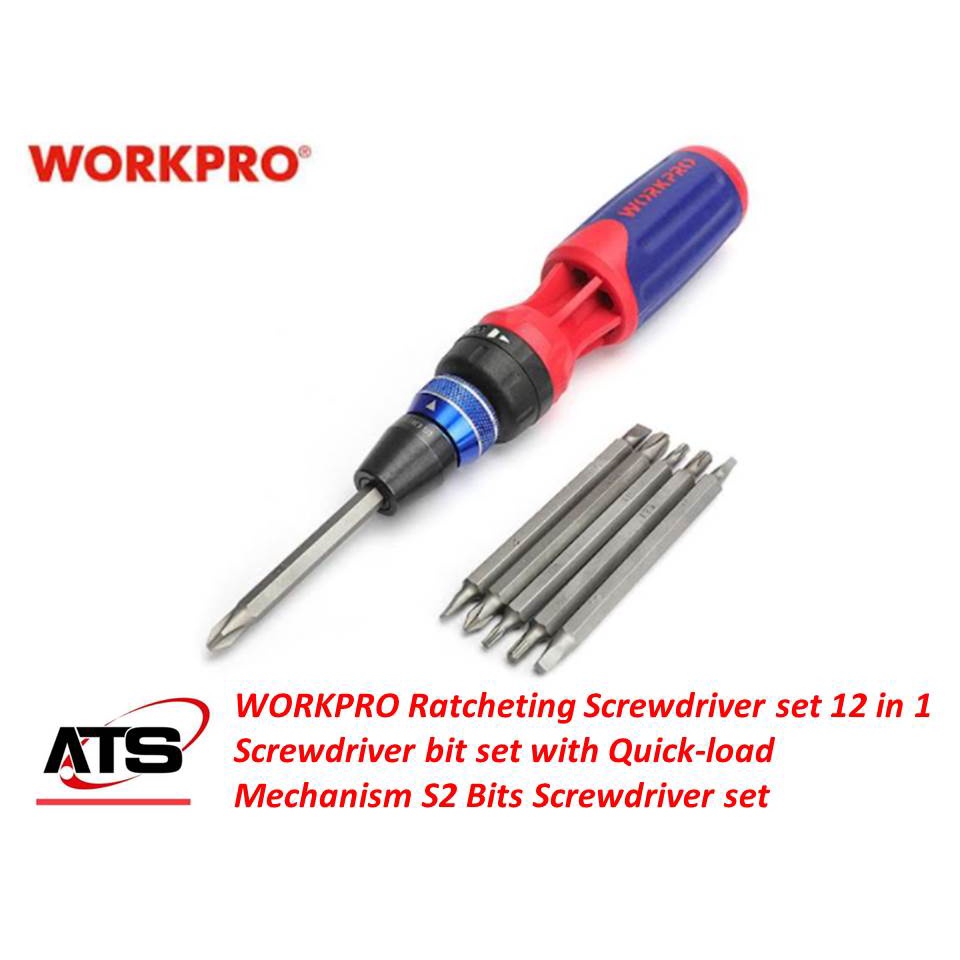 WORKPRO Ratcheting Screwdriver set 12 in 1 Screwdriver bit set with Quick-load Mechanism S2 Bits ...