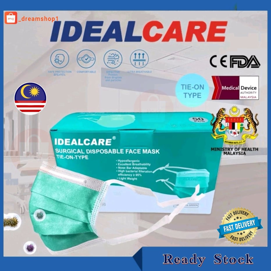 【IDEALCARE】 Tie-On Surgical Face Mask 3 Ply (50 Pcs) | Shopee Malaysia