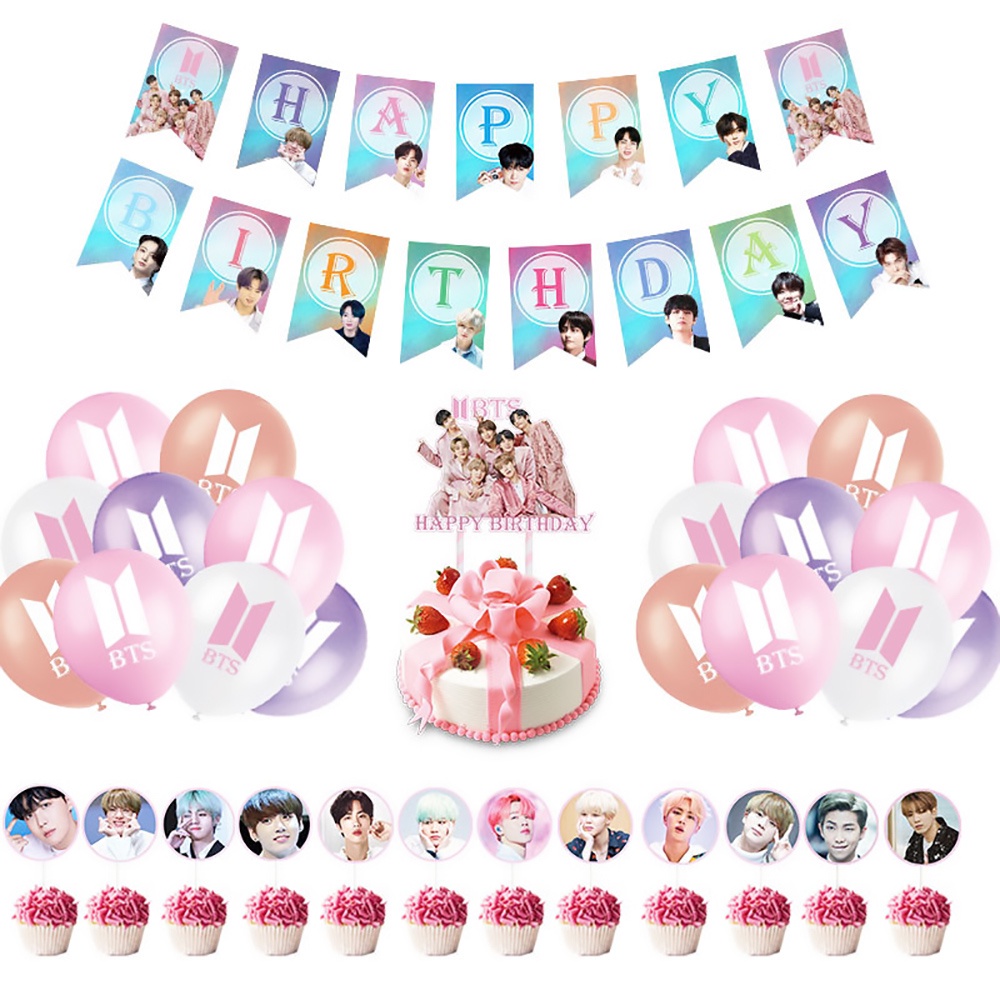 Bts Idol Theme Party Decorations Printed Balloons Happy Birthday Banner ...