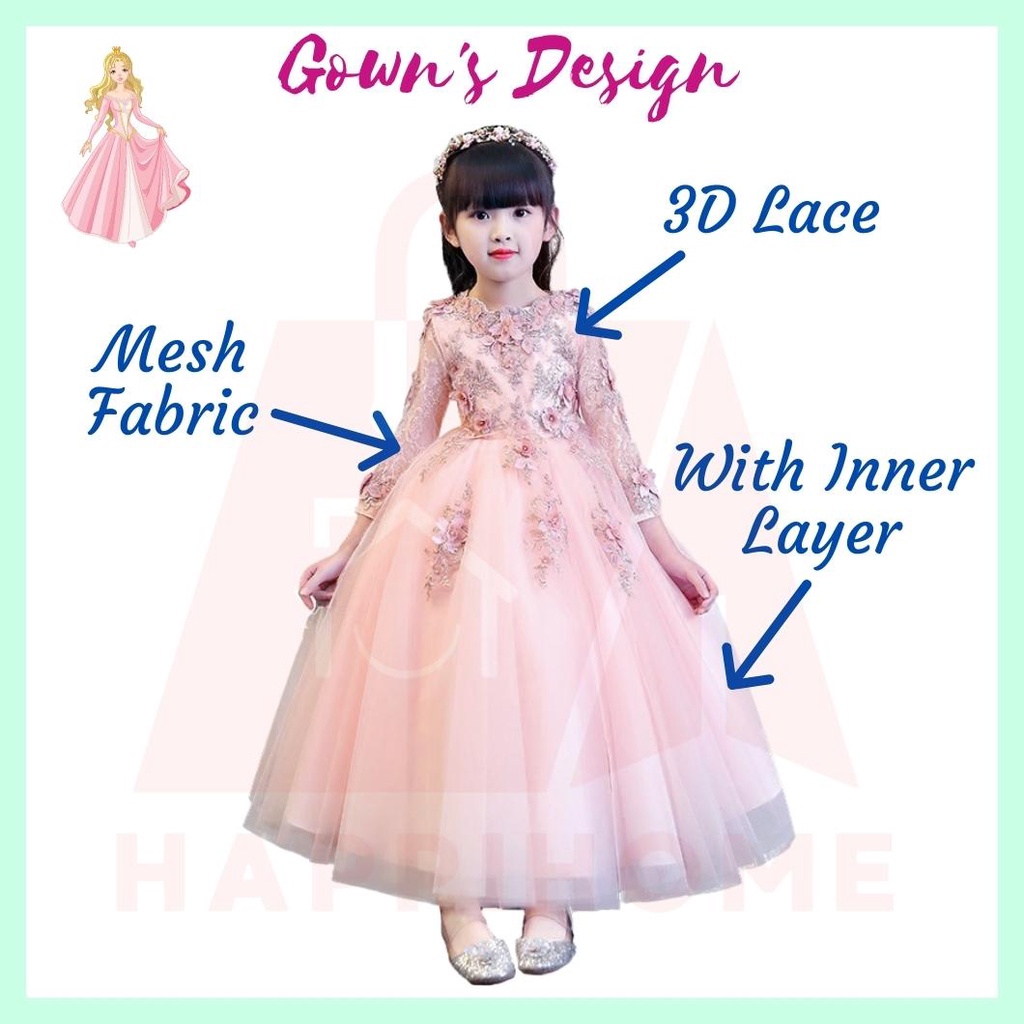 Kids Gown Girl Princess Dress Budak Lace Long Sleeve Costume Wedding ...