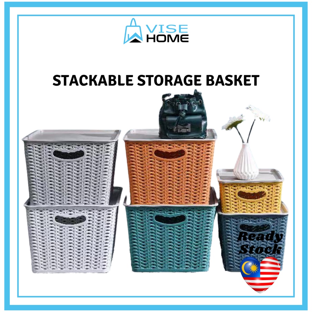 Multi Purpose Basket Box With Free Lid - Plastic Stackable Clothes Storage Organizer [VISE HOME ...