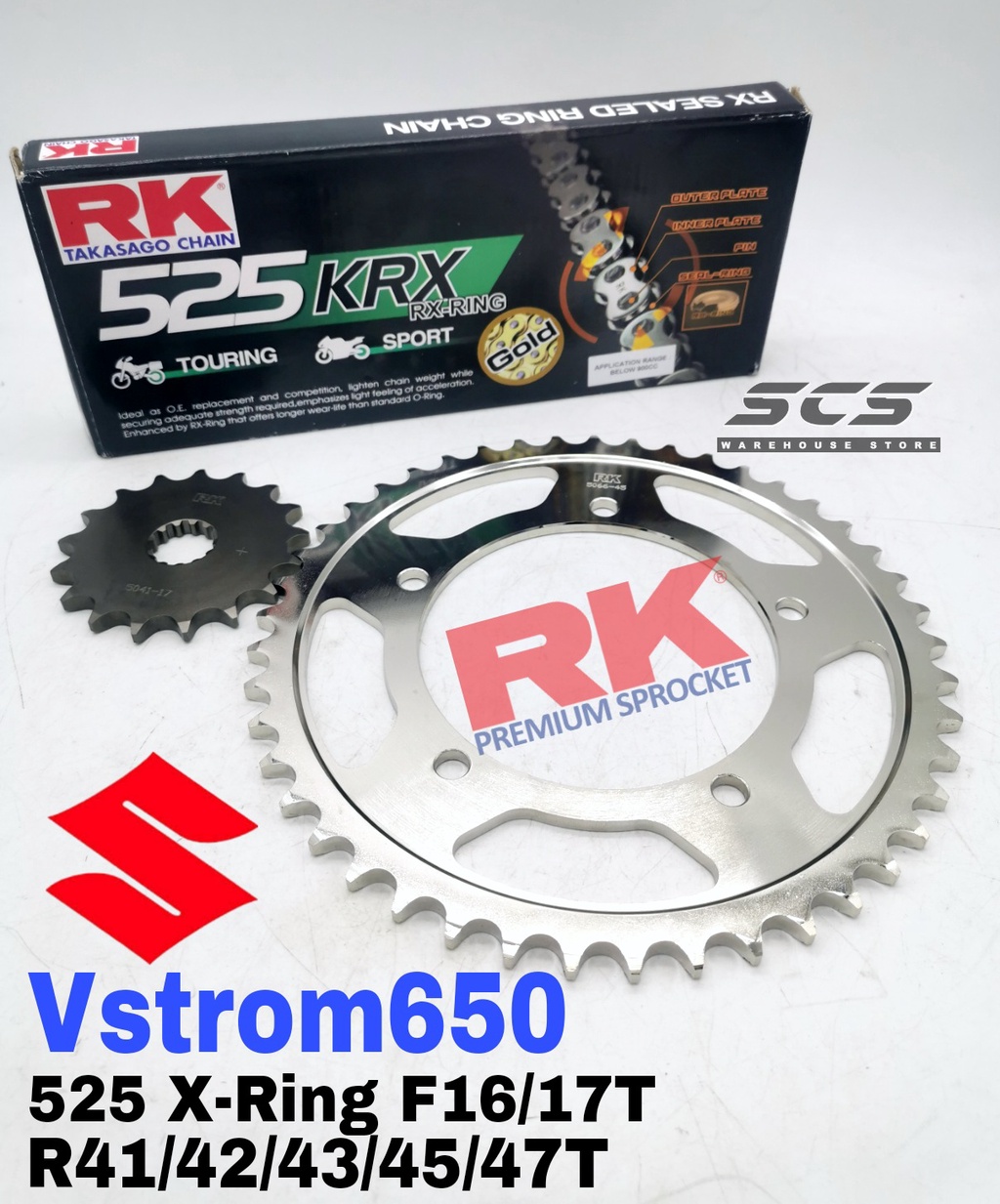 RK Sprocket Set SUZUKI V-Strom 650 525 GB KRX X-Ring Black Gold Chain ...
