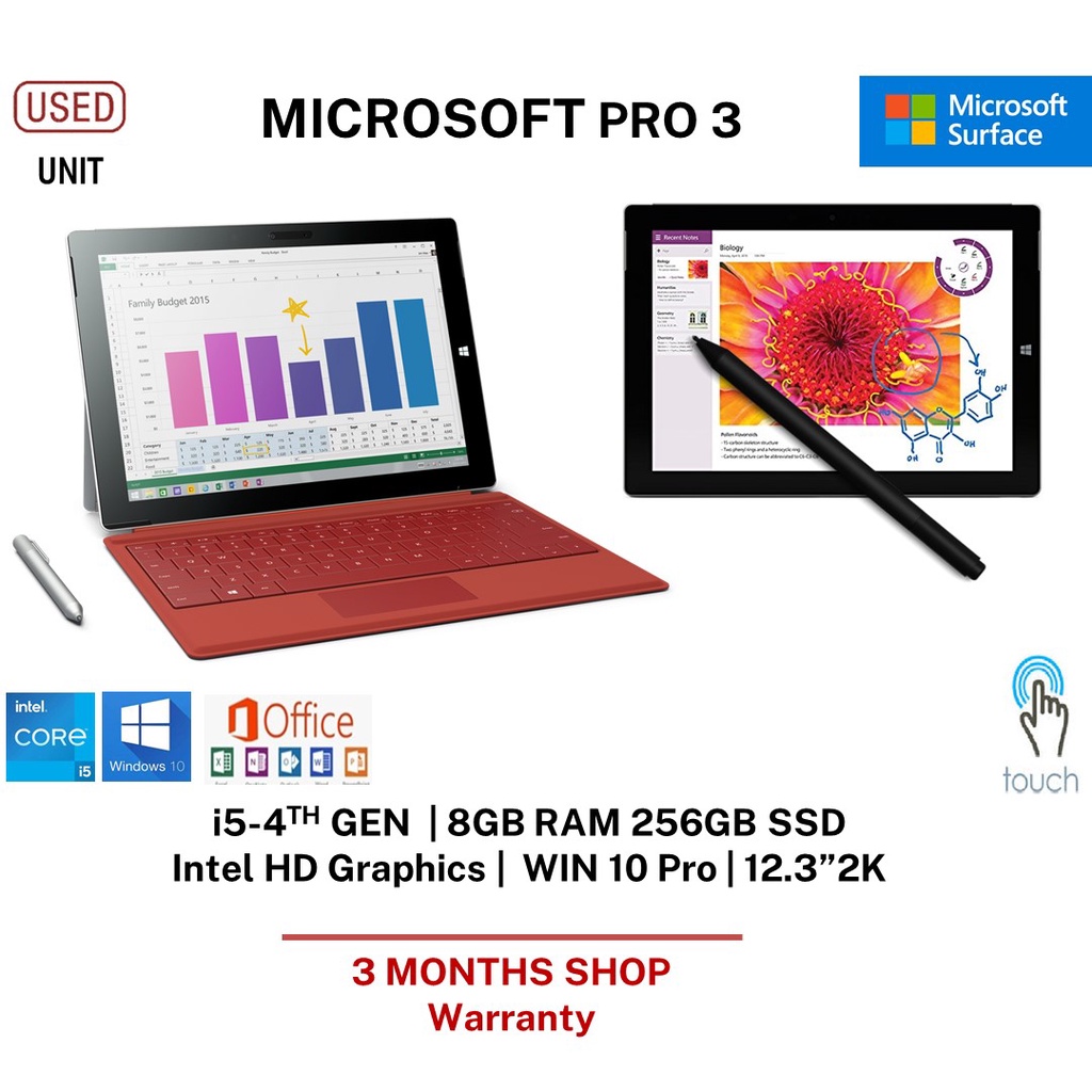 Microsoft Surface Pro 3 (12", 256 GB SSD, 4GB RAM, intel i5-4300U 1.9GHz, 5MP Camera, Media Card ...