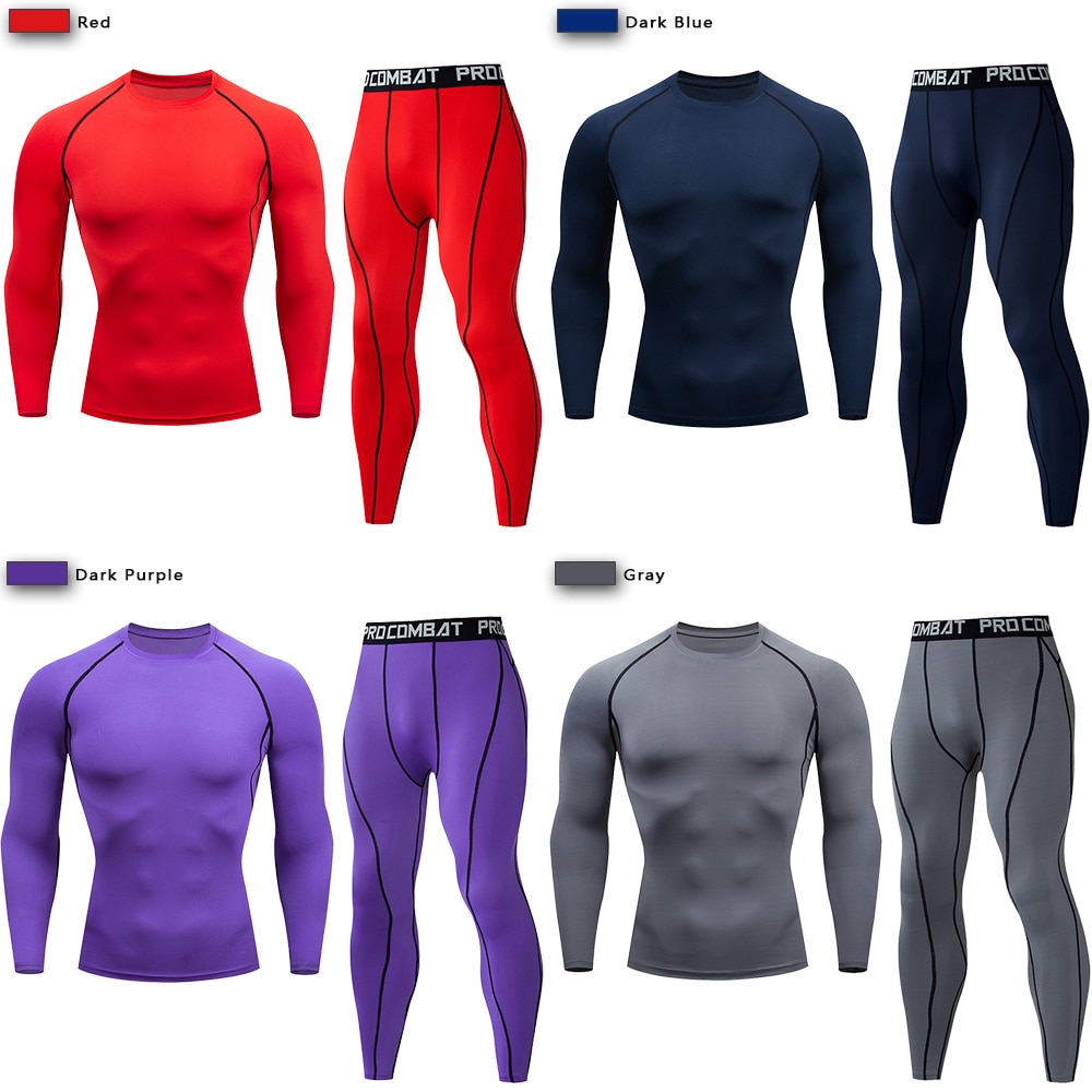 2PCS Long Sleeve Men's Compression Sportswear Suit GYM Tight Clothes ...