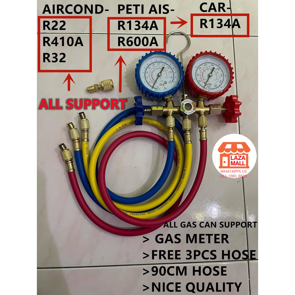 METER GAS HOME/CAR AIRCOND FRIDGE +3pcs HOSE CHECK PRESSURE R22 R410A ...