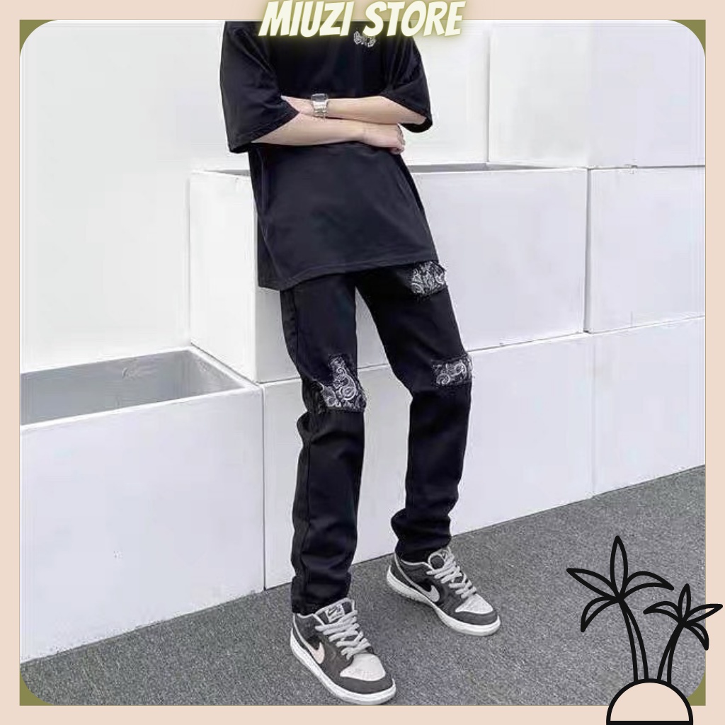 Men's ripped jeans with bandana pattern, miuzi black jeans DT028 ...