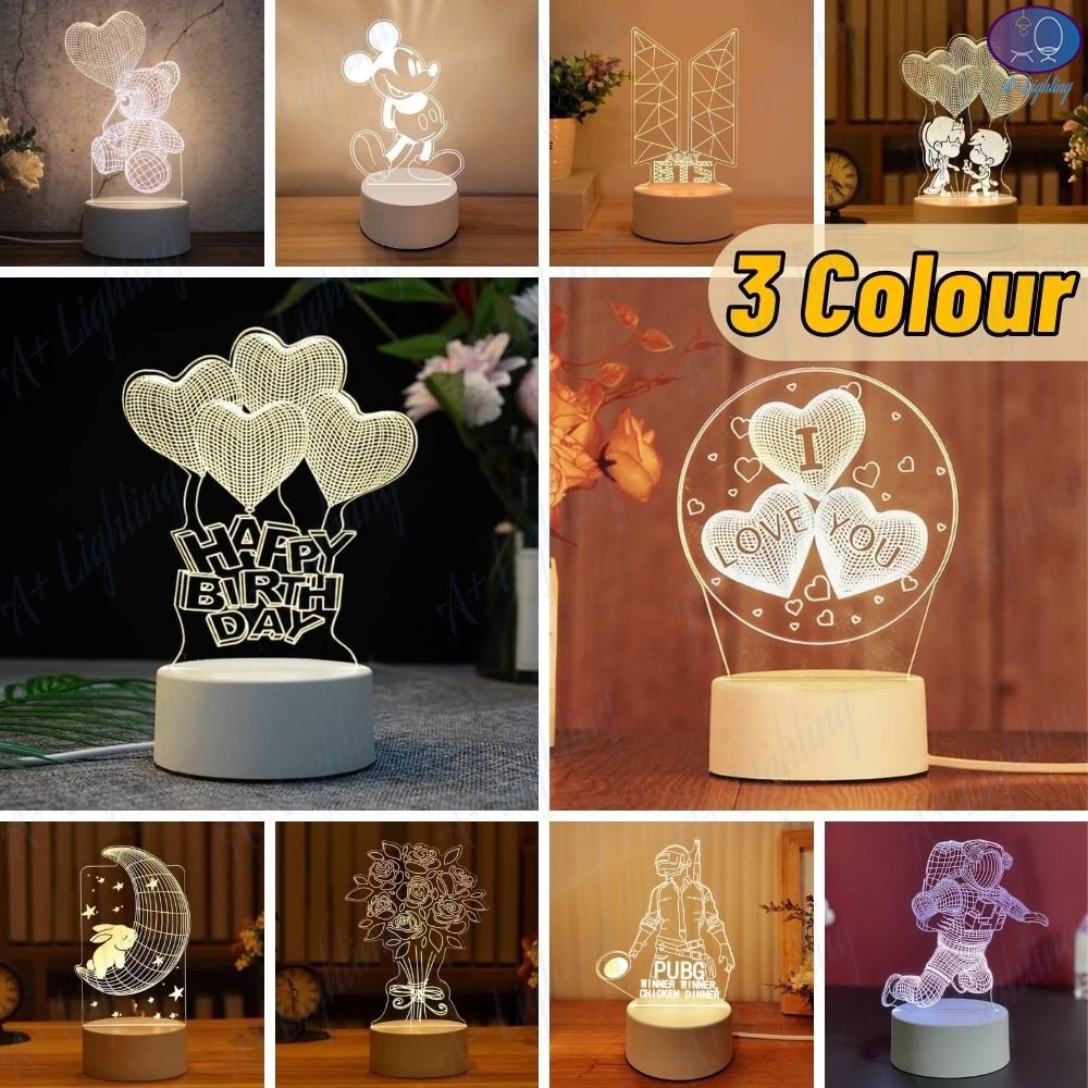 3 Colors Acrylic Night Light Bedside Lamp Creative Light 3D Night Light ...