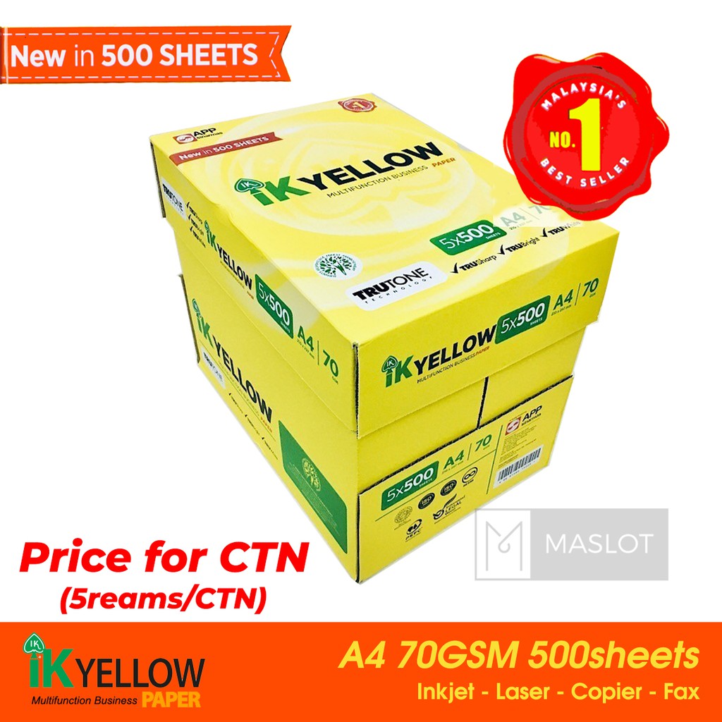 IK yellow A4 Paper 70gsm 500's (CTN Price) 5reams/CTN | Shopee Malaysia